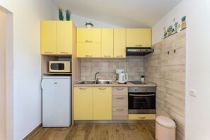 Apartamento (A2) | Cozinha privada | Um frigorífico, um micro-ondas, uma placa de cozinha 