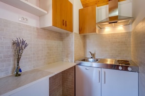 Apartamento (A2) | Cozinha privada | Um frigorífico, um forno, uma placa de cozinha 