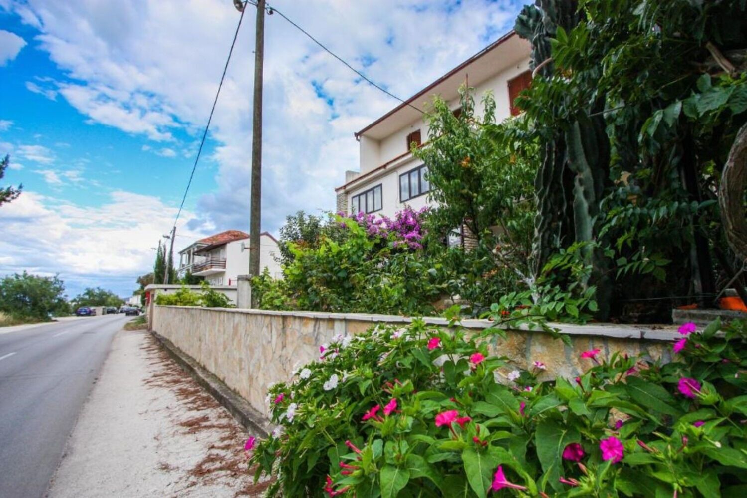 Rua residencial com casas, um muro de pedra e plantas floridas.
