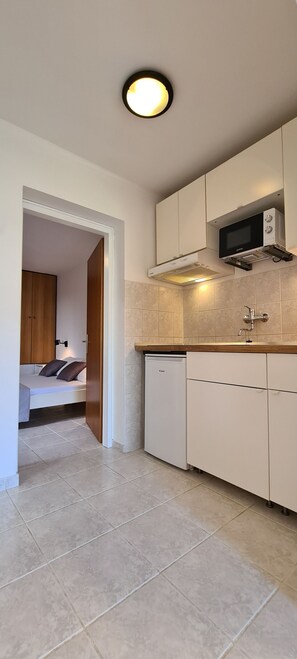 Apartamento (A1) | Cozinha privada | Um frigorífico, um micro-ondas, uma placa de cozinha 