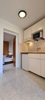Apartamento (A1) | Cozinha privada | Um frigorífico, um micro-ondas, uma placa de cozinha 