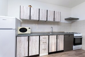 Apartamento (A1) | Cozinha privada | Um frigorífico, um micro-ondas, um forno, uma placa de cozinha 