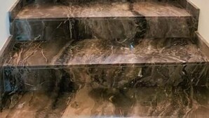 Uma escadaria de mármore com corrimão, que leva a um patamar com um vaso de planta.