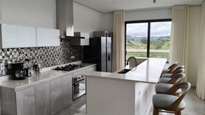 Apartamento Standard, varanda, vista para a piscina | Cozinha privada | Um frigorífico/congelador grande, um micro-ondas, um forno 