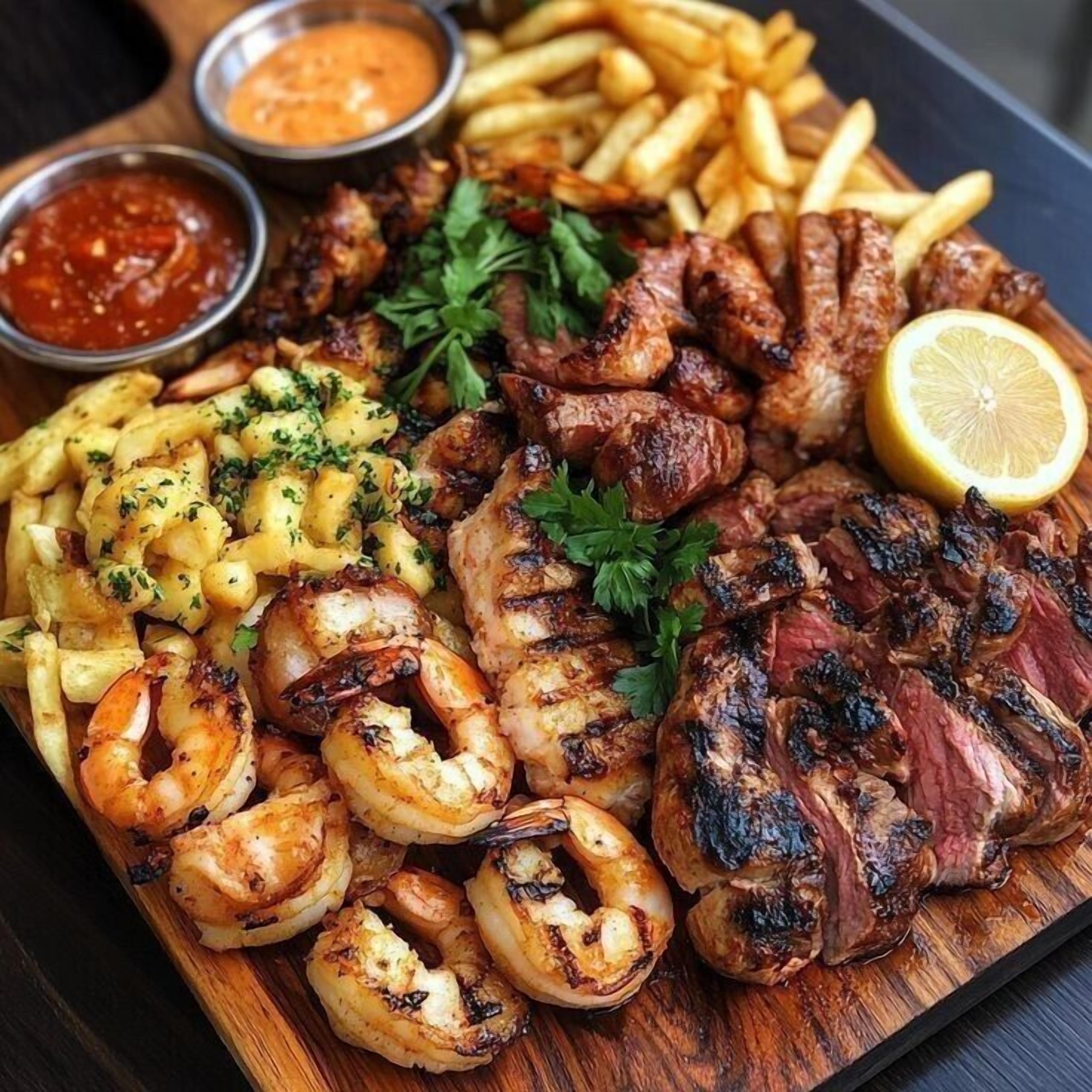 Tábua de madeira com carnes grelhadas, camarão e batatas fritas, acompanhada de molhos para servir.