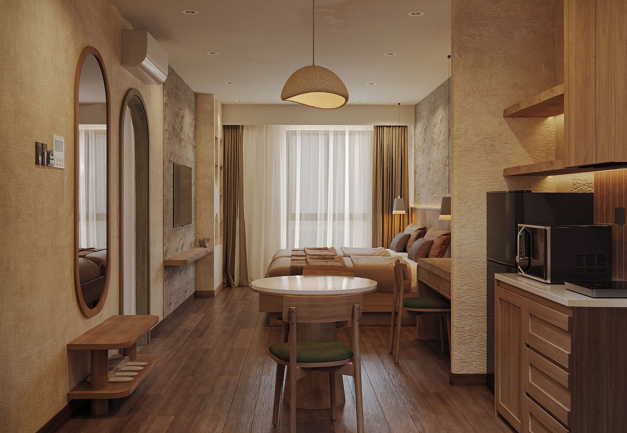 Quarto casal luxo, 2 camas Queen, cozinha, vista para a cidade | Escrivaninha, cortinas blackout, ferros/tábuas de passar roupa