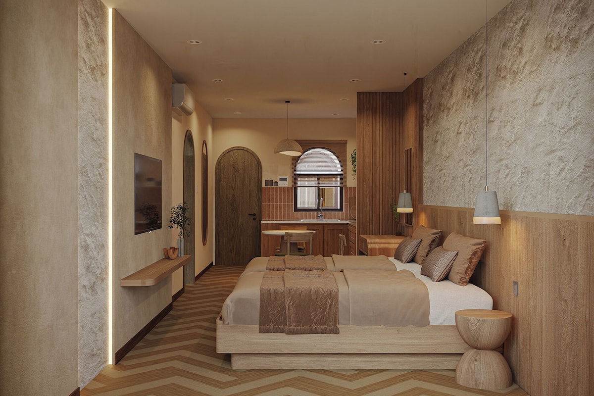 Quarto casal superluxo, 1 cama King, cozinha, vista para a cidade | Escrivaninha, cortinas blackout, ferros/tábuas de passar roupa