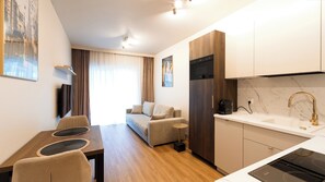 Apartamento (23) | Cozinha privada | Um frigorífico, uma placa de cozinha, uma chaleira elétrica 