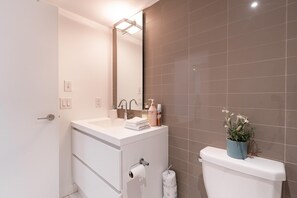 Apartamento Premium, 2 quartos, Vista para a cidade | Casa de banho | Artigos de higiene pessoal grátis, um secador de cabelo 