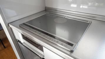 Cozinha moderna com fogão de indução embutido e máquina de lavar louça.