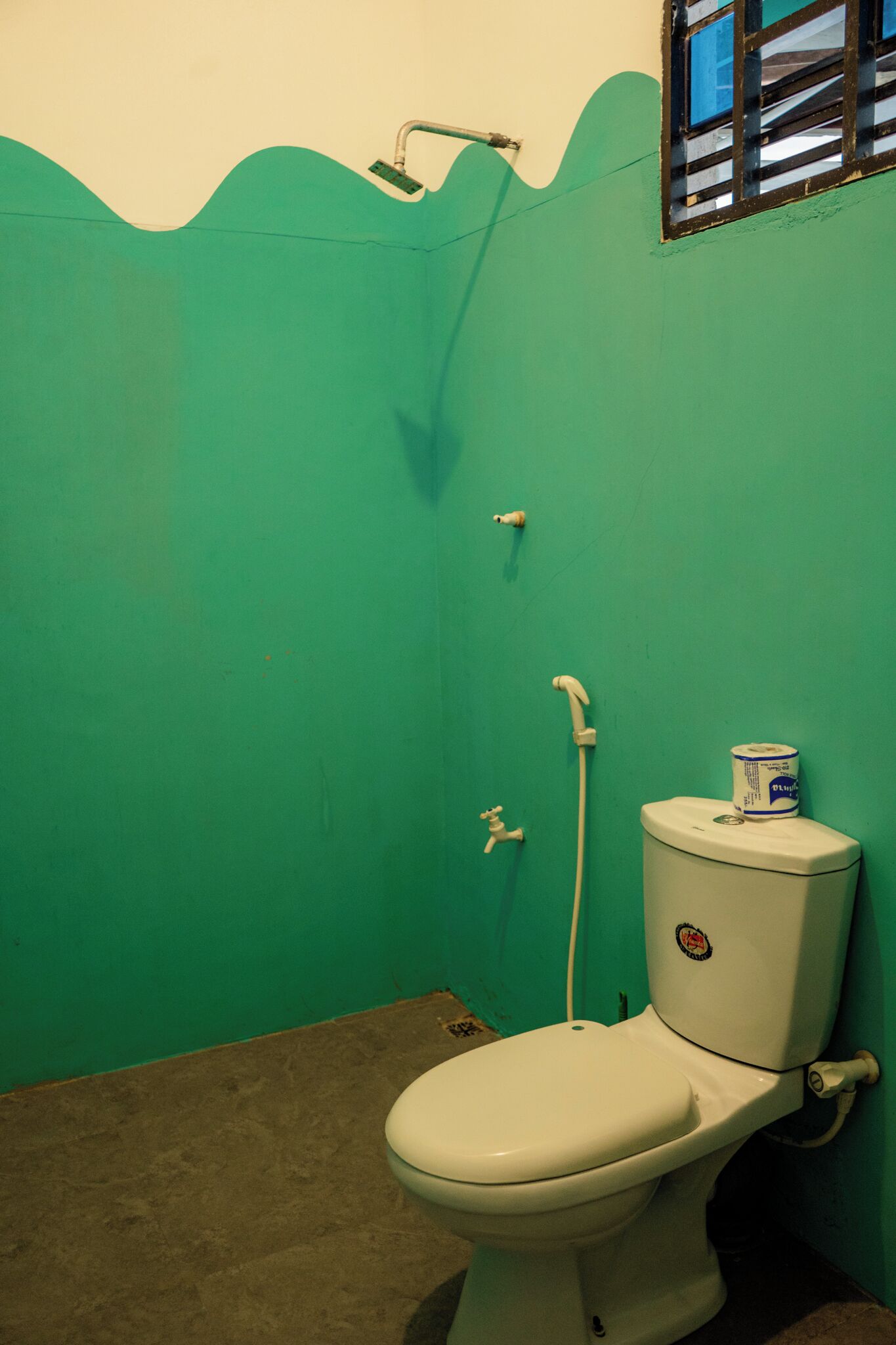 Casa de banho com parede verde, sanita branca e chuveiro.