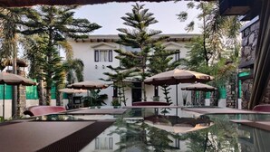 Uma área de piscina com espreguiçadeiras e guarda-sóis, rodeada por palmeiras e um edifício com fachada de pedra.