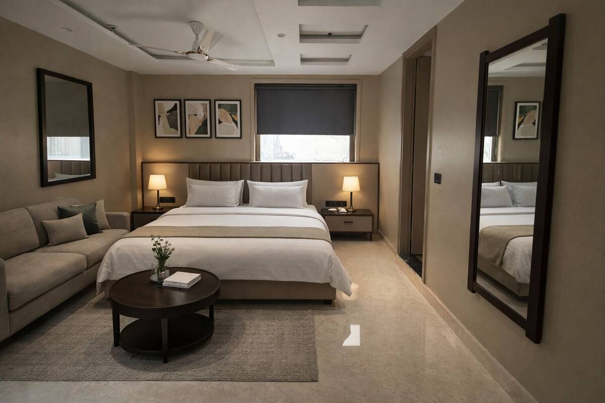 Quarto de hotel com cama, sofá, mesa de centro redonda e um espelho grande.