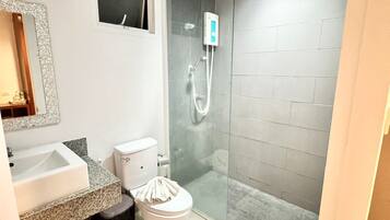 Chuveiro, secador de cabelo, toalhas de banho, shampoo