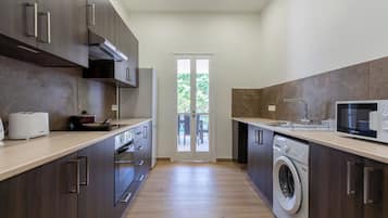 Apartamento, 1 cama de casal e sofá-cama, cozinha, vista para a cidade | Cozinha privada | Geladeira grande, micro-ondas, fogão, cooktop