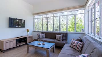 Apartamento, 1 cama de casal e sofá-cama, cozinha, vista para a cidade | Sala de estar | Smart TV 42 polegadas com canais digitais, Netflix