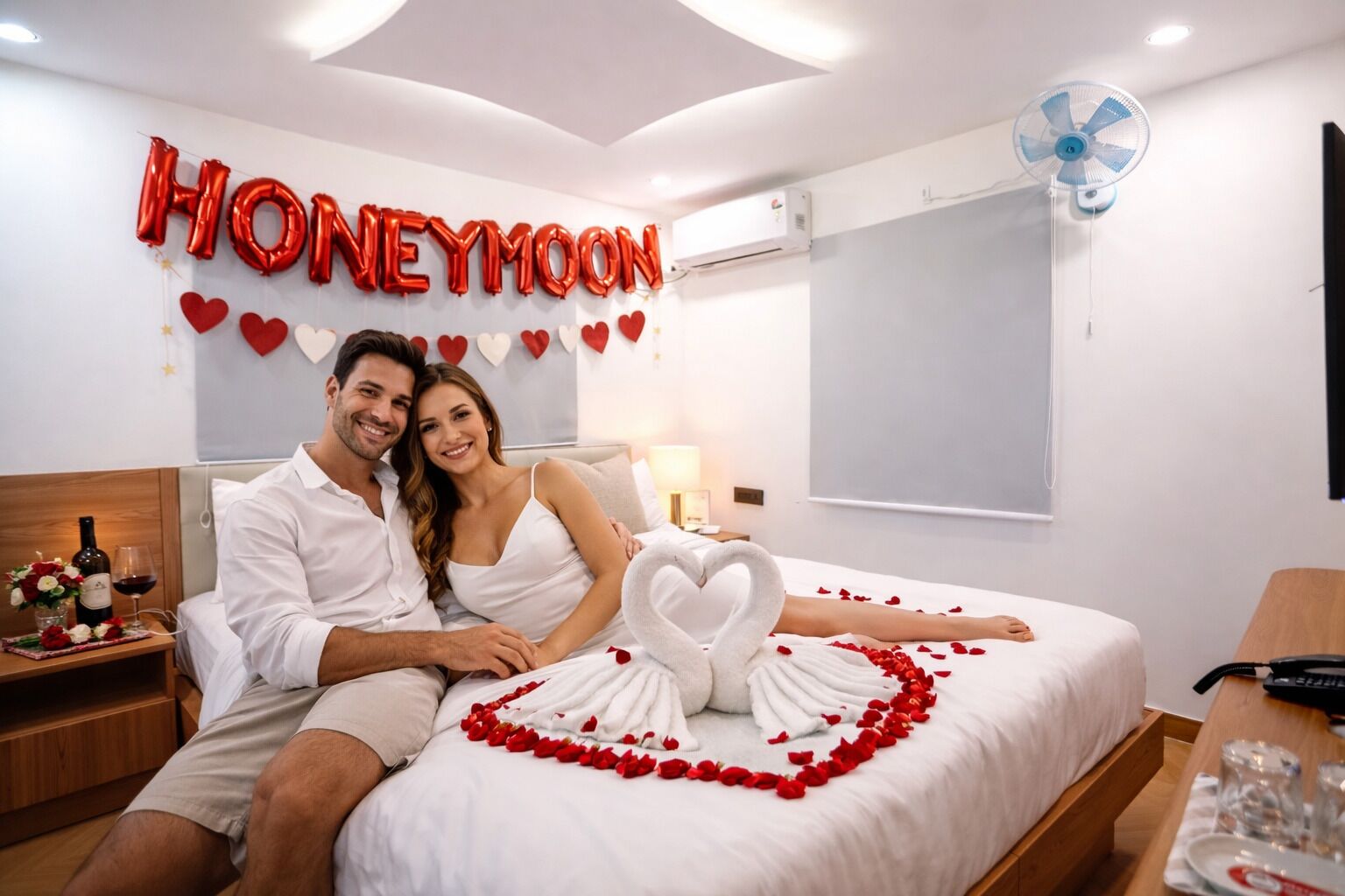 Um casal numa cama com um arranjo de pétalas de rosa em formato de coração, uma decoração de balão com a palavra 'HONEYMOON' e um leque na parede.