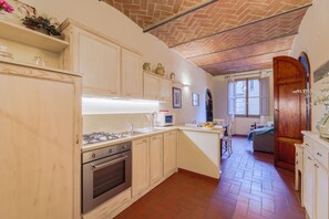 Apartamento (1 Bedroom) | Cozinha privada | Um frigorífico, um micro-ondas, um forno, uma placa de cozinha 