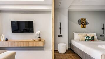 Estúdio Deluxe, 1 cama de casal e sofá-cama, cozinha, Vista para a cidade | Lençóis de algodão egípcio, roupa de alta qualidade