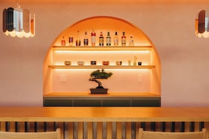 Uma mesa de madeira com um bonsai como peça central, prateleiras com garrafas e uma iluminação ambiente acolhedora.