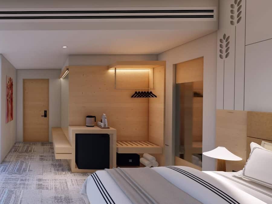 Quarto Duplo Deluxe, Vista para a cidade | Lençóis de algodão egípcio, roupa de alta qualidade, secretária