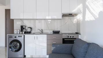 Estúdio, 1 cama de casal e sofá-cama, cozinha, vista para a cidade | Cozinha privada | Geladeira grande, fogão, cooktop, cafeteira/chaleira