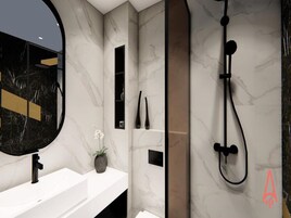 Quarto Duplo Standard, não fumadores, vista para o rio | Casa de banho | Um polibã, um secador de cabelo, toalhas fornecidas, sabão 