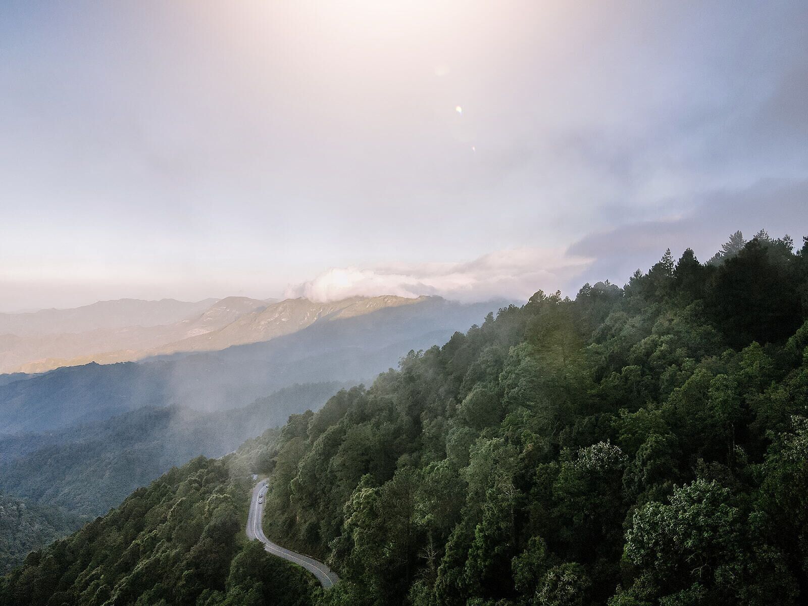 Uma estrada sinuosa serpenteando por uma floresta montanhosa sob um céu limpo.