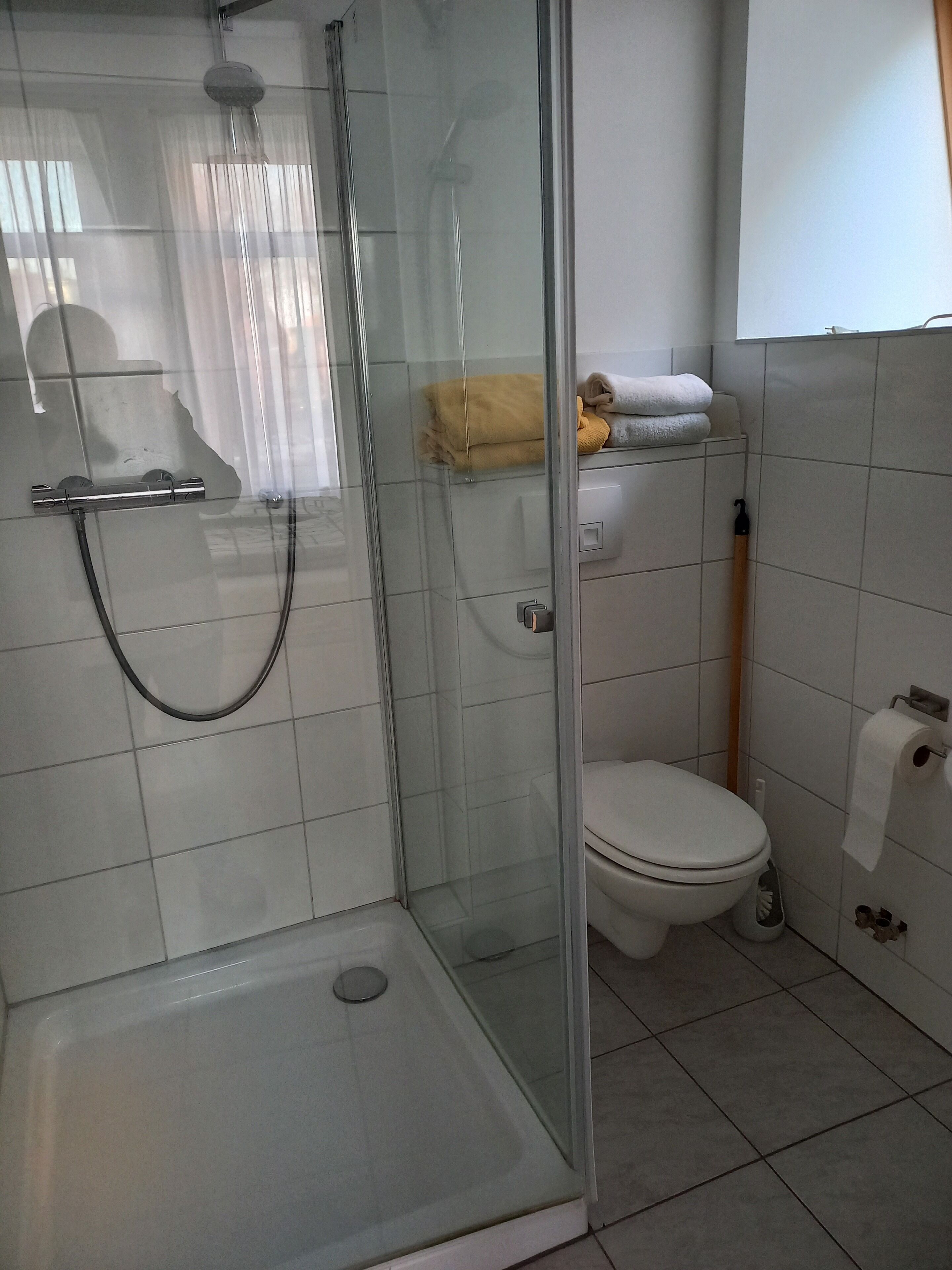 Casa de banho com chuveiro envidraçado, sanita e lavatório.