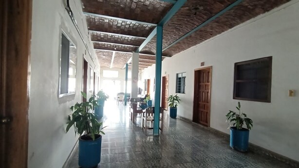 Um corredor com piso de azulejos, plantas em vasos, portas de madeira e teto com vigas aparentes.