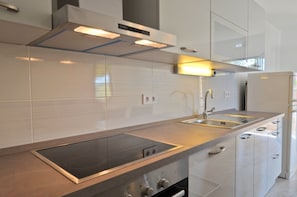 Apartamento | Cozinha privada | Um frigorífico, um forno, uma placa de cozinha 