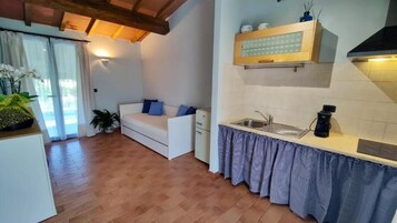 Apartamento família, vista para o jardim | Área de estar | Smart TV 43 polegadas com canais digitais