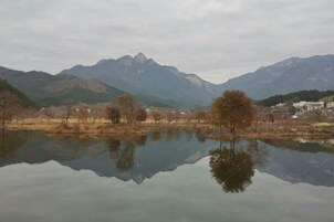 Um lago tranquilo com uma cordilheira ao fundo e algumas árvores em primeiro plano.