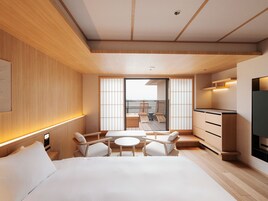 Quarto duplo em estilo japonês, varanda, vista para o oceano (Open-Air Cypress Bath, 46 sqm) | Cofre no quarto, Wi-fi grátis, roupa de cama fornecida