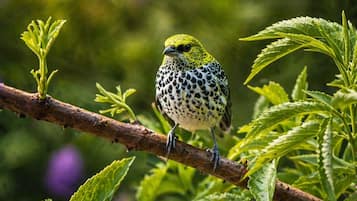 Um pássaro pousado em um galho, cercado por folhagem verde.