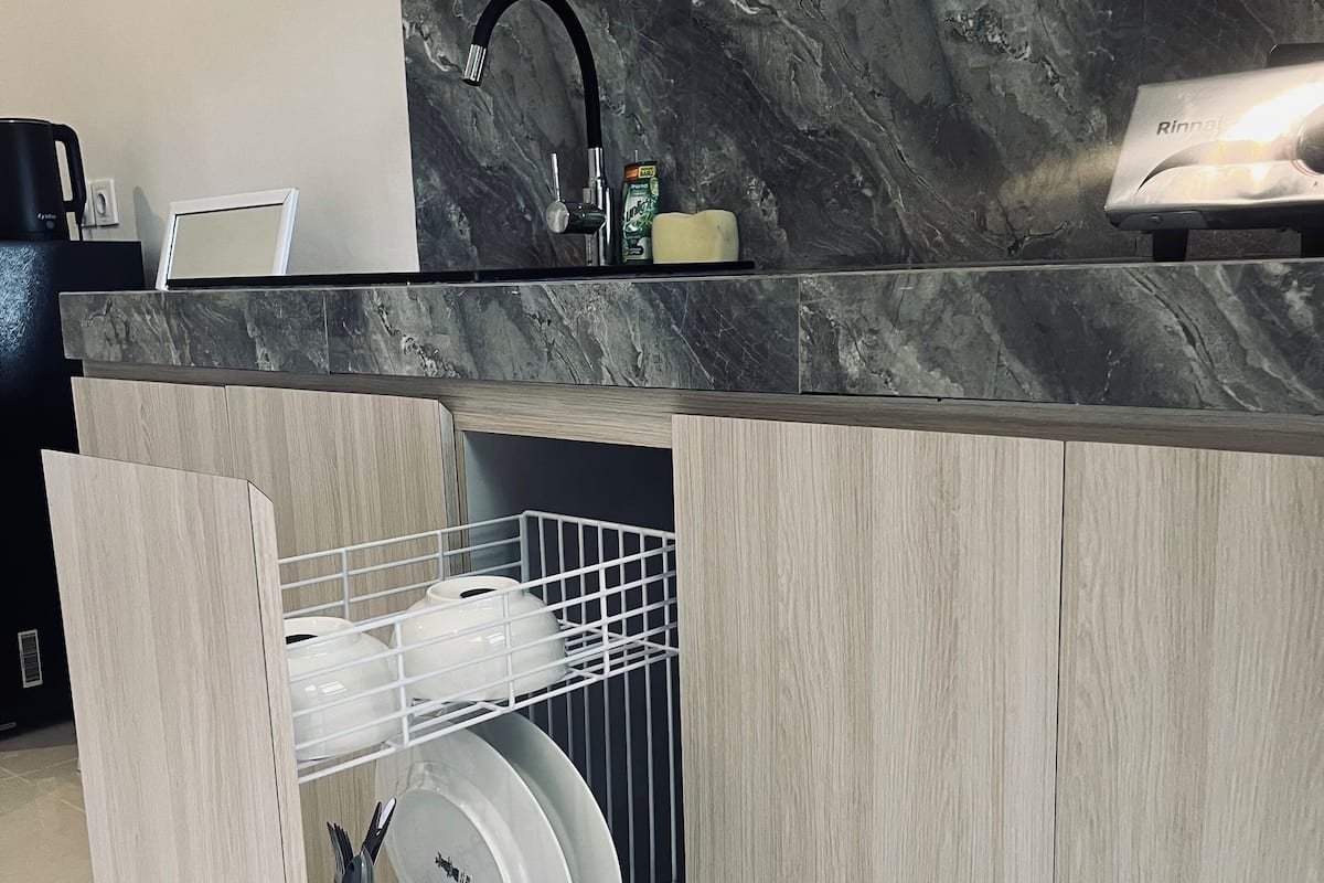 Quarto Duplo Standard, pátio, vista para o jardim | Cozinha privada | Um frigorífico/congelador grande, uma placa de cozinha