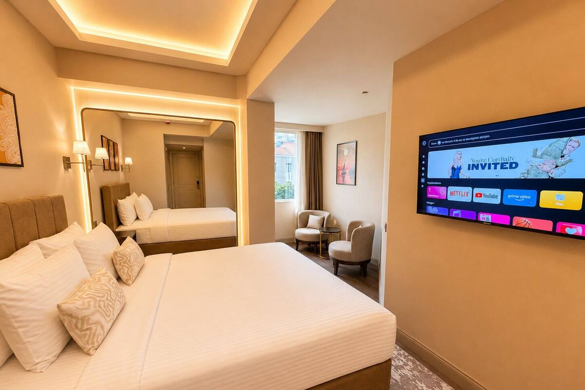 Quarto de hotel com uma cama grande, uma cama menor, área de estar e uma TV fixada na parede exibindo a mensagem 'INVITED'.