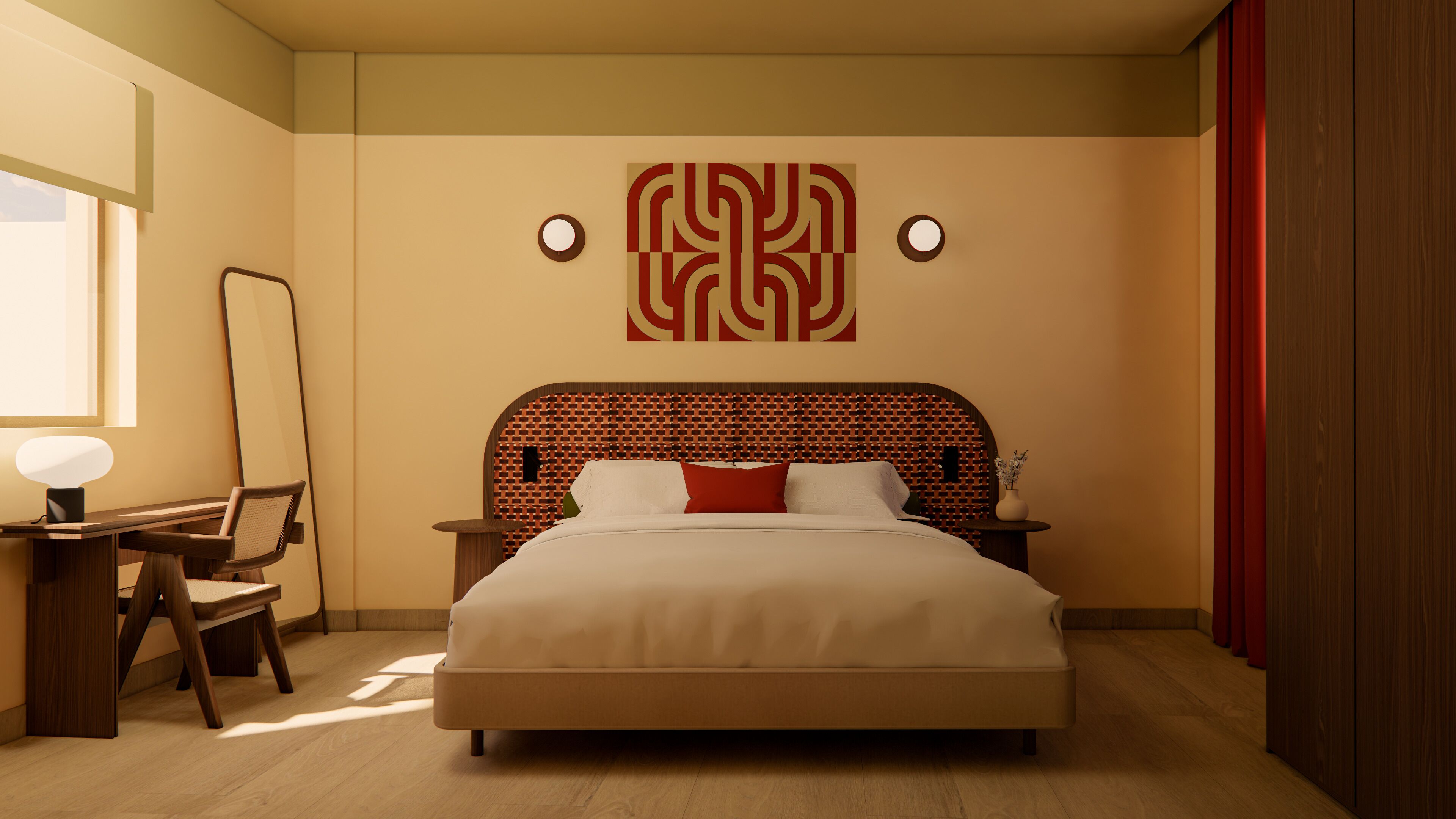 Quarto Duplo Deluxe, pátio | Secretária, secretária adequada para computadores portáteis 