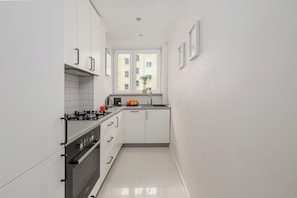 Apartamento Clássico, varanda | Cozinha privada | Um frigorífico/congelador grande, um forno, uma placa de cozinha 