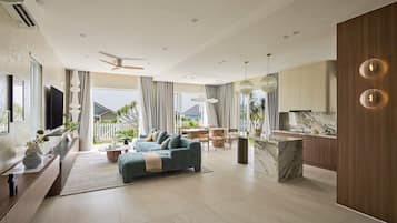 Villa Panorâmica | Sala de estar | Televisor de ecrã plano de 29 polegadas com canais por cabo