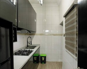 Apartamento econômico, sacada, vista para a cidade | Cozinha privada | Geladeira, micro-ondas, fogão, cooktop