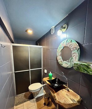 Chuveiro, toalhas de banho, papel higiênico 