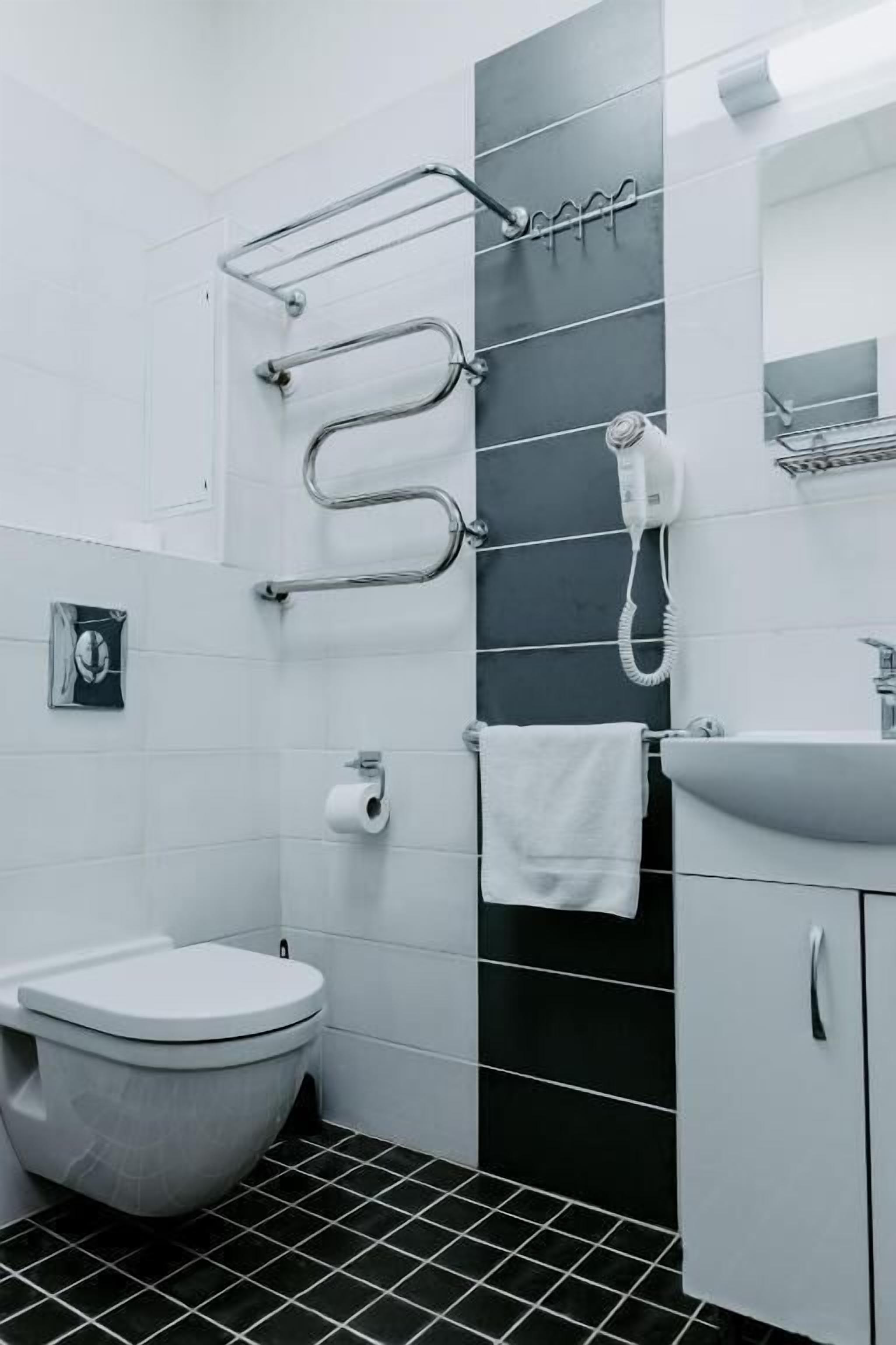 Casa de banho com sanita, porta-toalhas, secador de cabelo e lavatório.