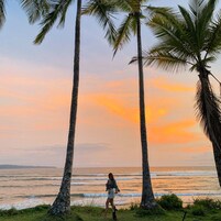 Perto da praia, espreguiçadeiras, guarda-sóis 