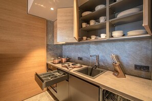 Um frigorífico, um micro-ondas, um forno, uma placa de cozinha 