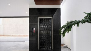 Uma entrada moderna com um portão de metal preto, um tapete pequeno e verde, e uma planta em vaso à direita.