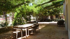 Pátio externo com mesa e cadeiras, rodeado por vegetação e coberto por uma pérgula.