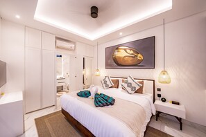 Villa Deluxe, 3 quartos, vista para a piscina | Lençóis de algodão egípcio, roupa de alta qualidade, cofre no quarto 