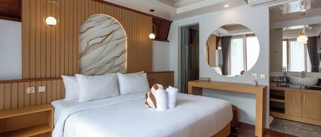 Vila lua de mel, vista para a piscina | Roupas de cama premium, camas com colchões pillow-top, frigobar