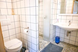 Apartamento Familiar, kitchenette, vista para o jardim | Casa de banho | Um polibã, um secador de cabelo, toalhas fornecidas, sabão 